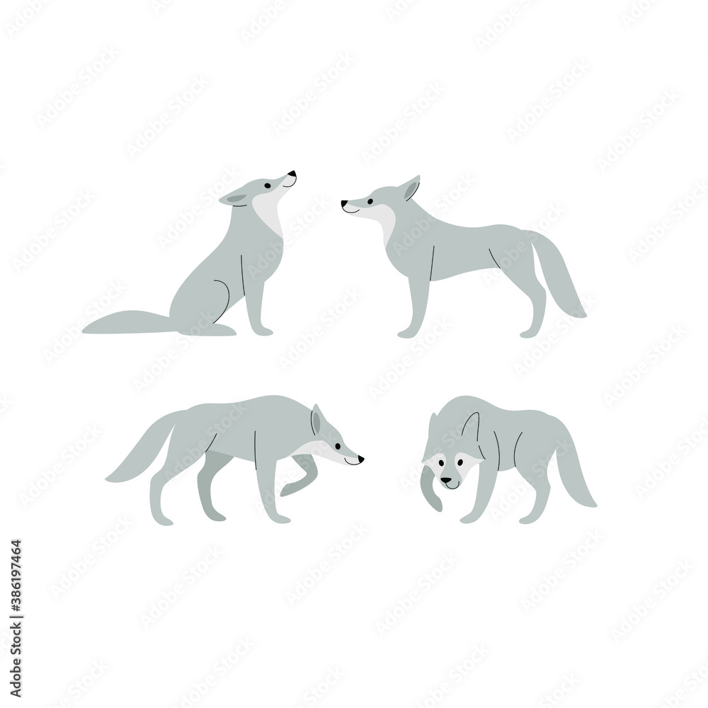 Cartoon wolf icon set. Cute animal character in different poses. Stock ...