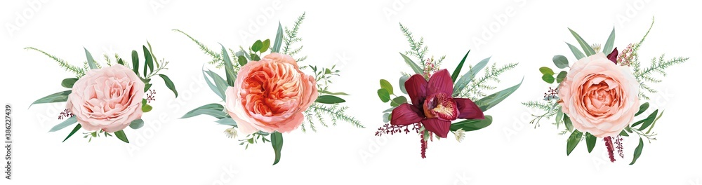 Vector floral bouquet design: pale coral Juliette rose flower, dusty ...