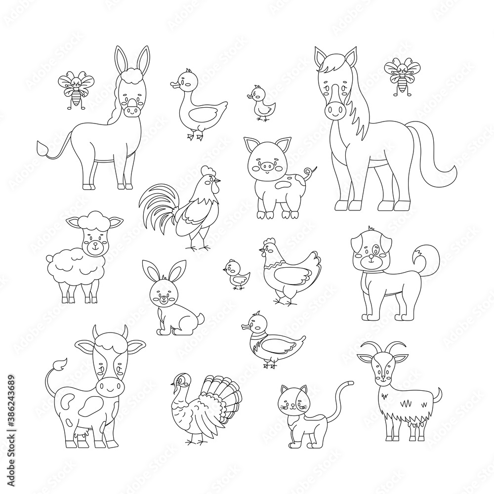 Farm animals and birds line art set isolated on white background. Cute ...