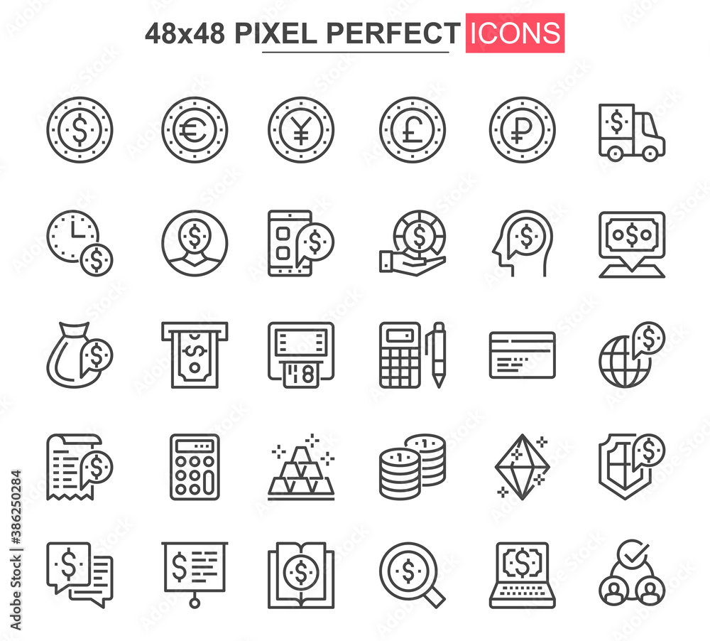 Financial items thin line icon set. Money exchange and stock trading ...