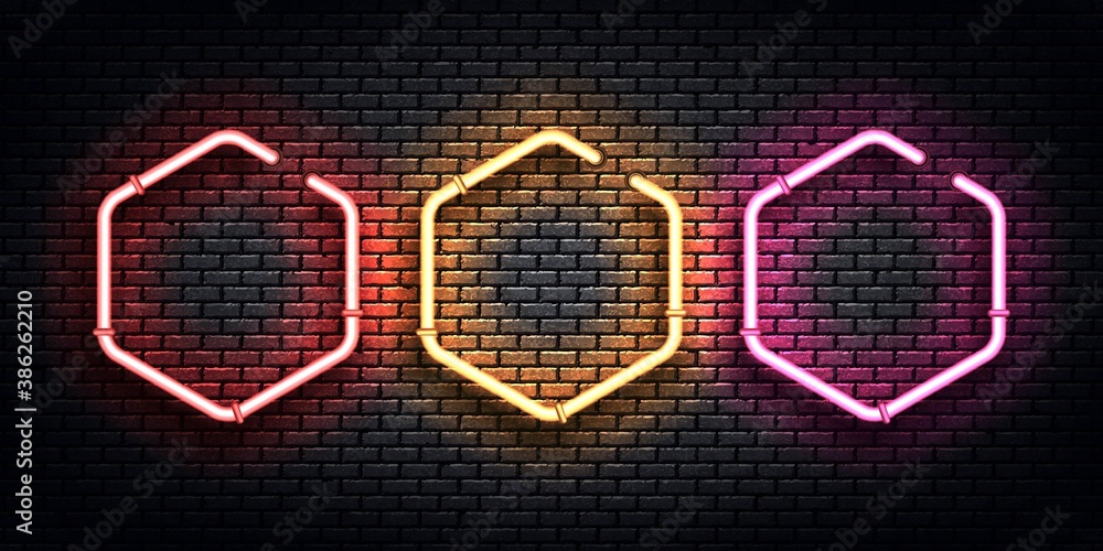 Vector set of realistic isolated neon sign of hexagon frame for ...
