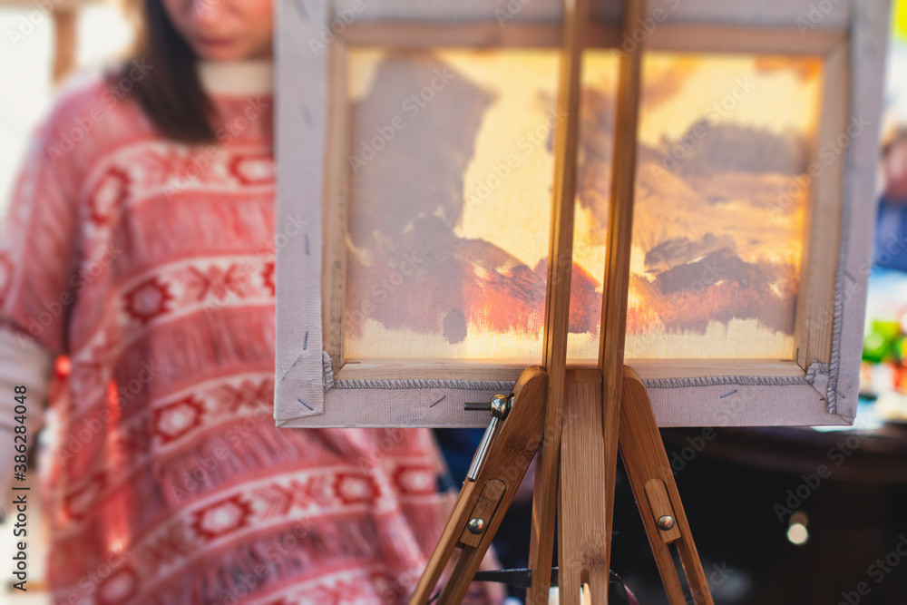 Process of painting, group class of adult talented students with paints ...
