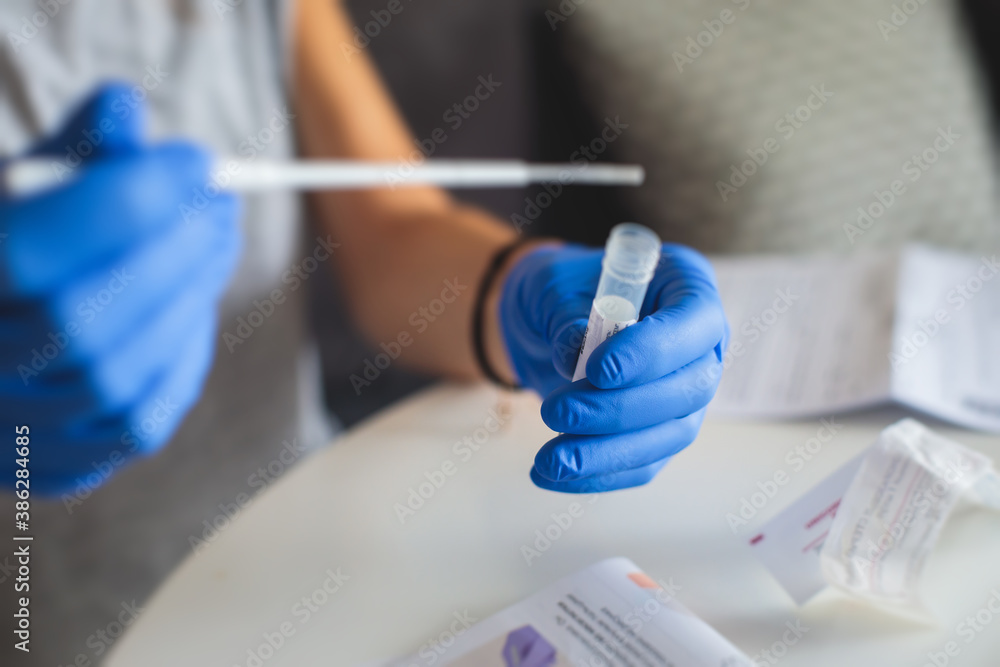 Process of coronavirus testing examination at home, COVID-19 swab ...