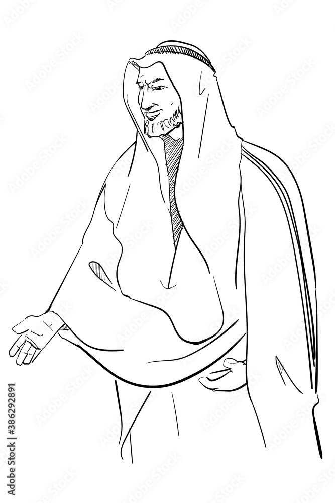 Islamic scholar arabian wear thawb headdres hand drawing sketch white ...