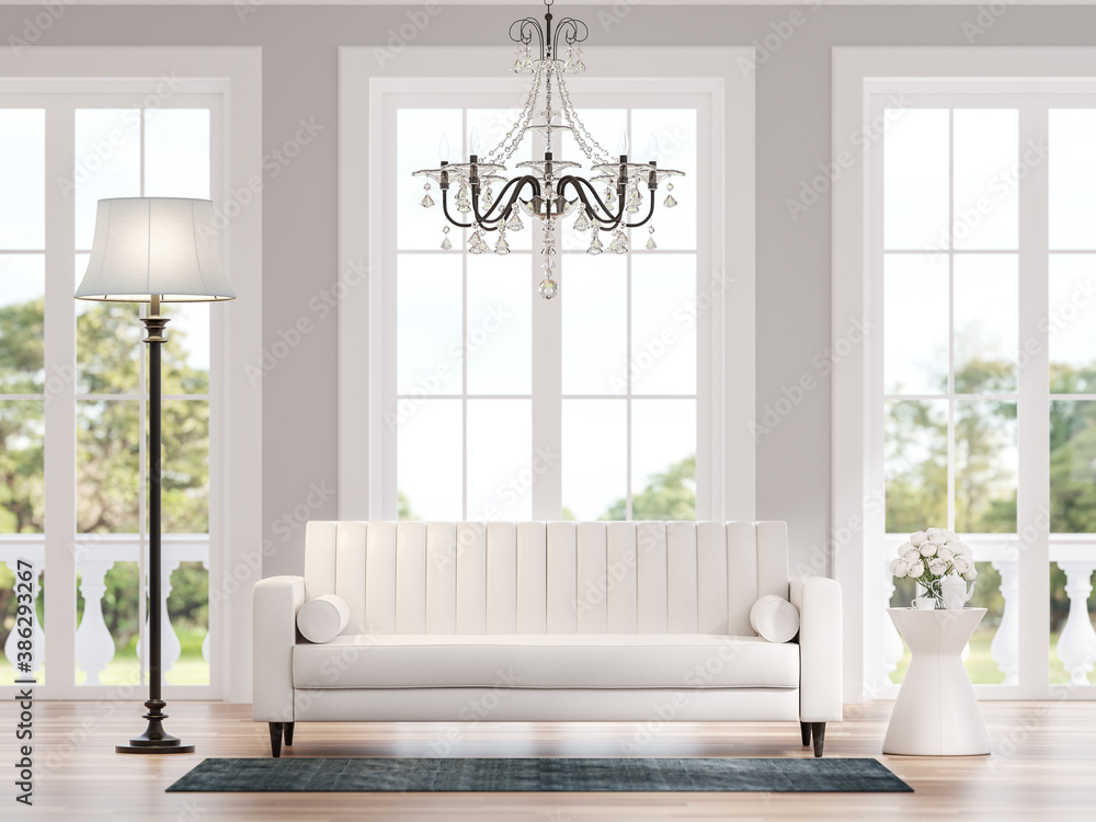 Classical style living room with blurry nature background 3d render.The ...