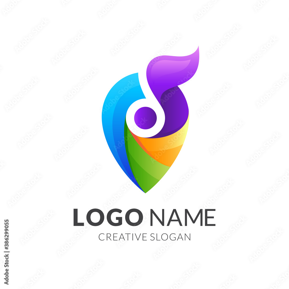 music location logo, pin and music note, combination logo with 3d ...