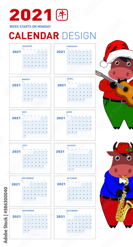 2021 Calendar Template . Chinese zodiac sign - Year of the Ox, funny ...