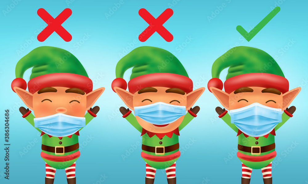 Merry Christmas and happy new year. Elf with surgical mask. There’re ...