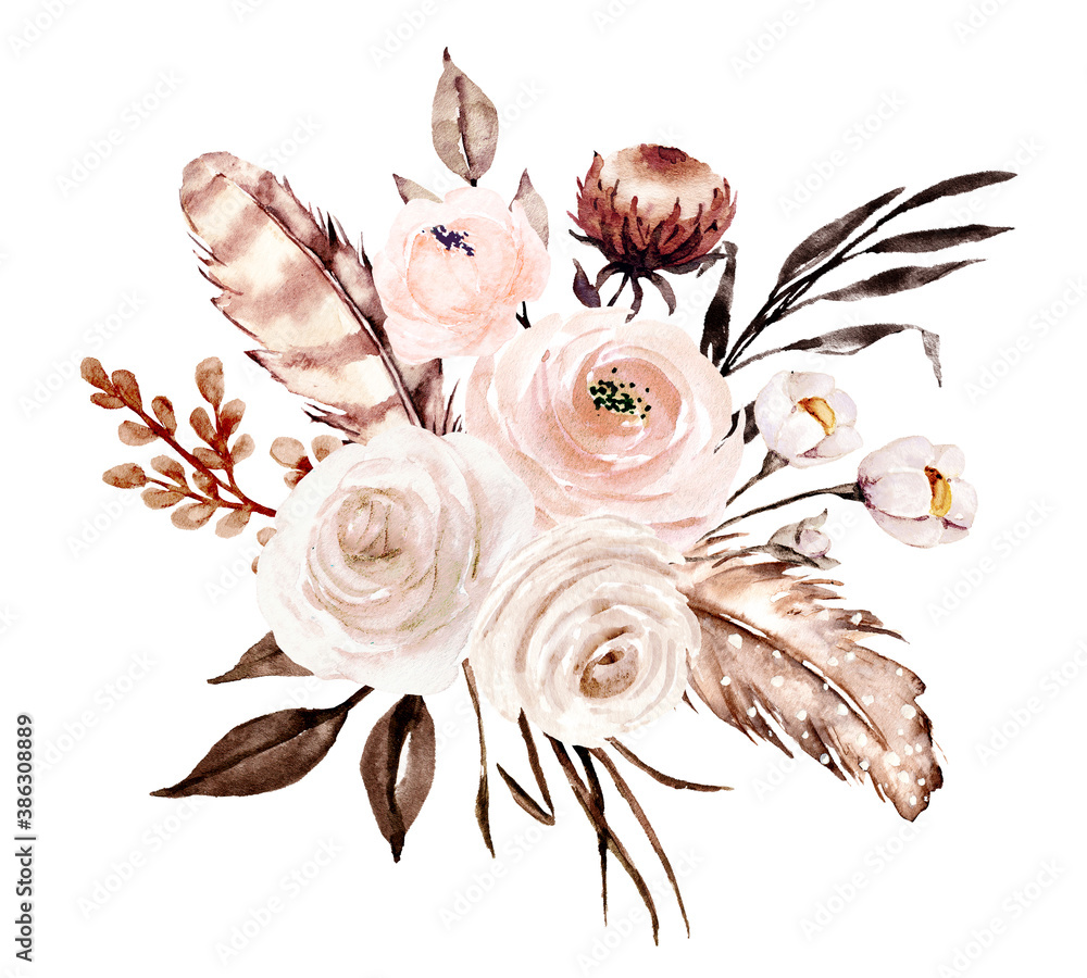 Flowers watercolor, floral beige and brown illustration. Perfectly for ...