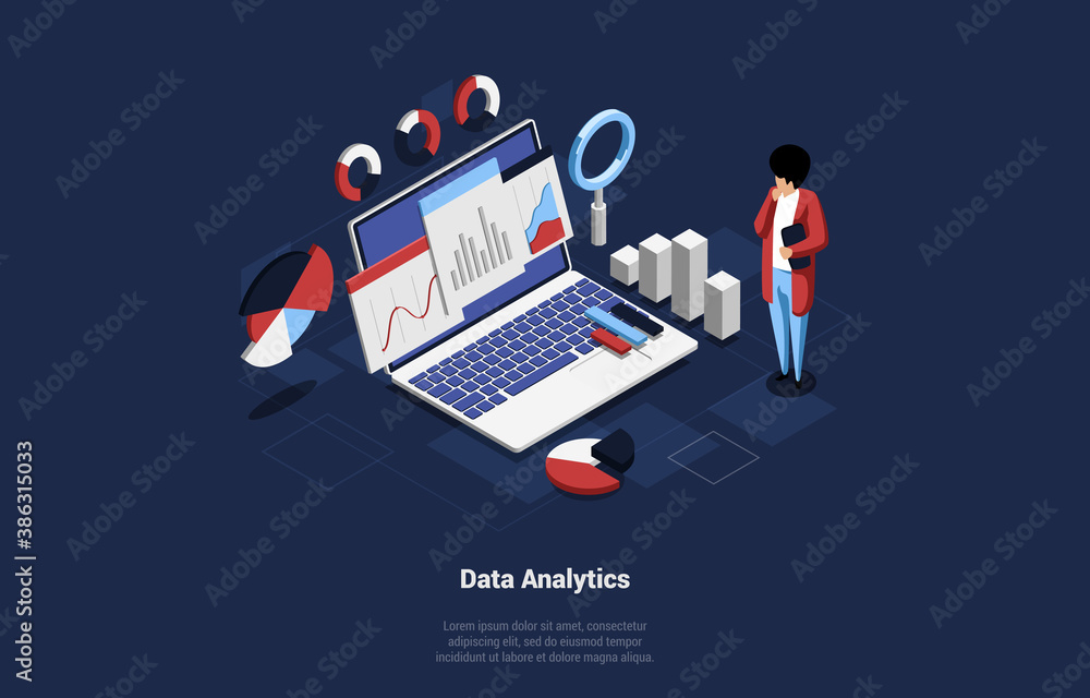 Isometric Composition Of Laptop With Charts And Schemes. Data Analytics ...