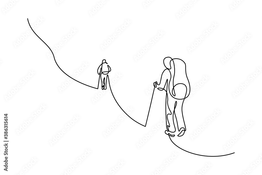 Mountain climbers in continuous line art drawing style. Two backpackers ...