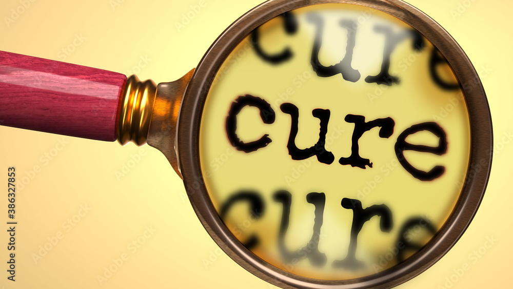 Examine and study cure, showed as a magnify glass and word cure to ...