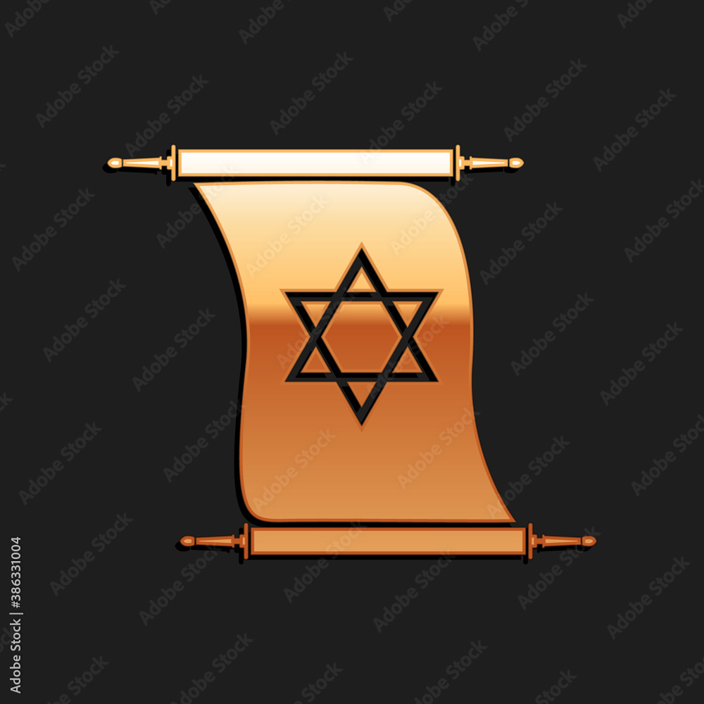 Gold Torah scroll icon isolated on black background. Jewish Torah in ...