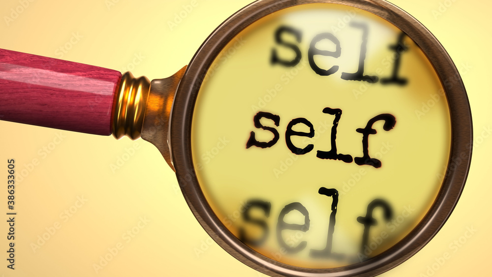 Examine and study self, showed as a magnify glass and word self to ...