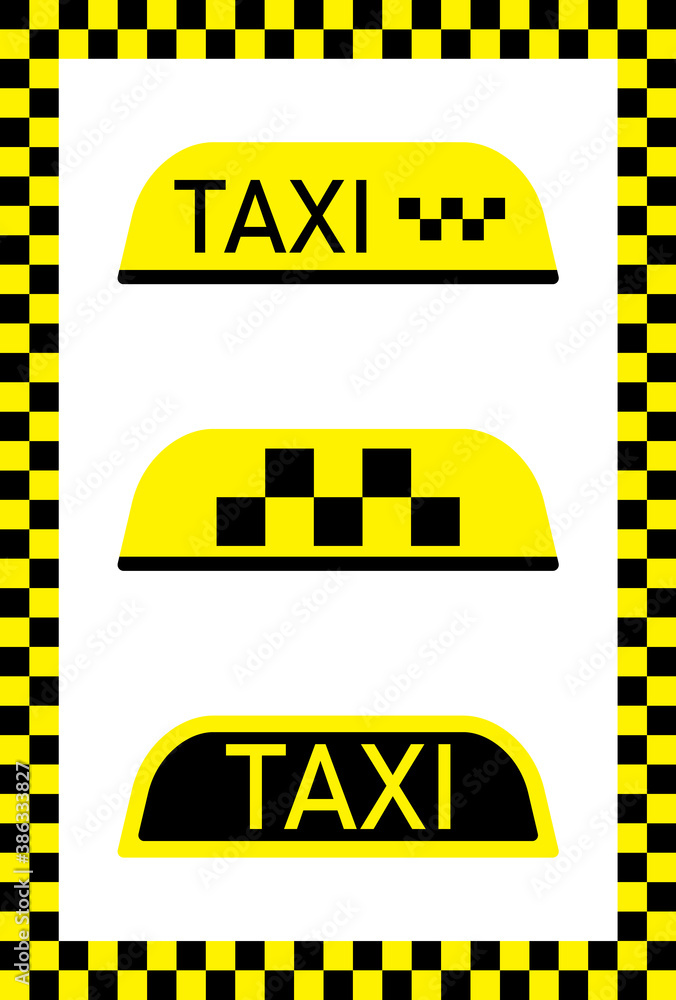 Taxi sign for car. Cab on yellow-black background. Checkered flag for ...