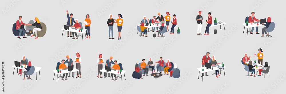 Office interior workplace with group workers communicating or talking ...