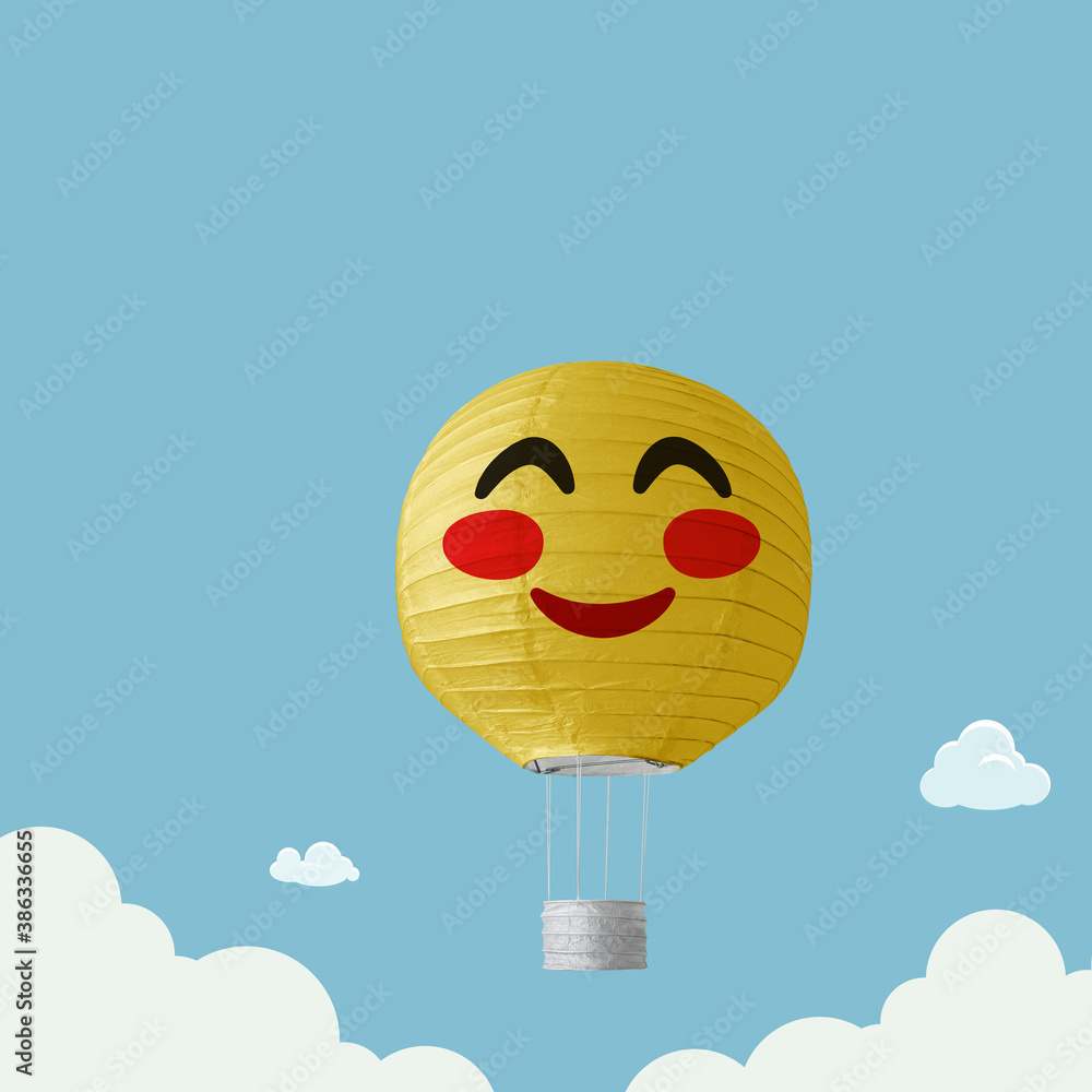 hot air balloon Emoji Emoticon flying with clouds on sky, traveling ...