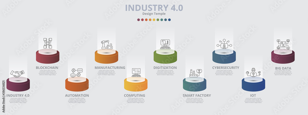 Infographic Industry 4.0 template. Icons in different colors. Include ...