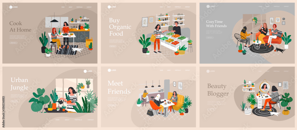 Set of beautiful girl in daily life scenes. Young woman shopping, makes ...