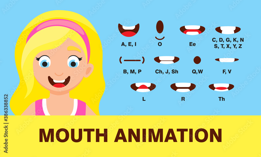Girl mouth animation with different expressions in flat style vector ...