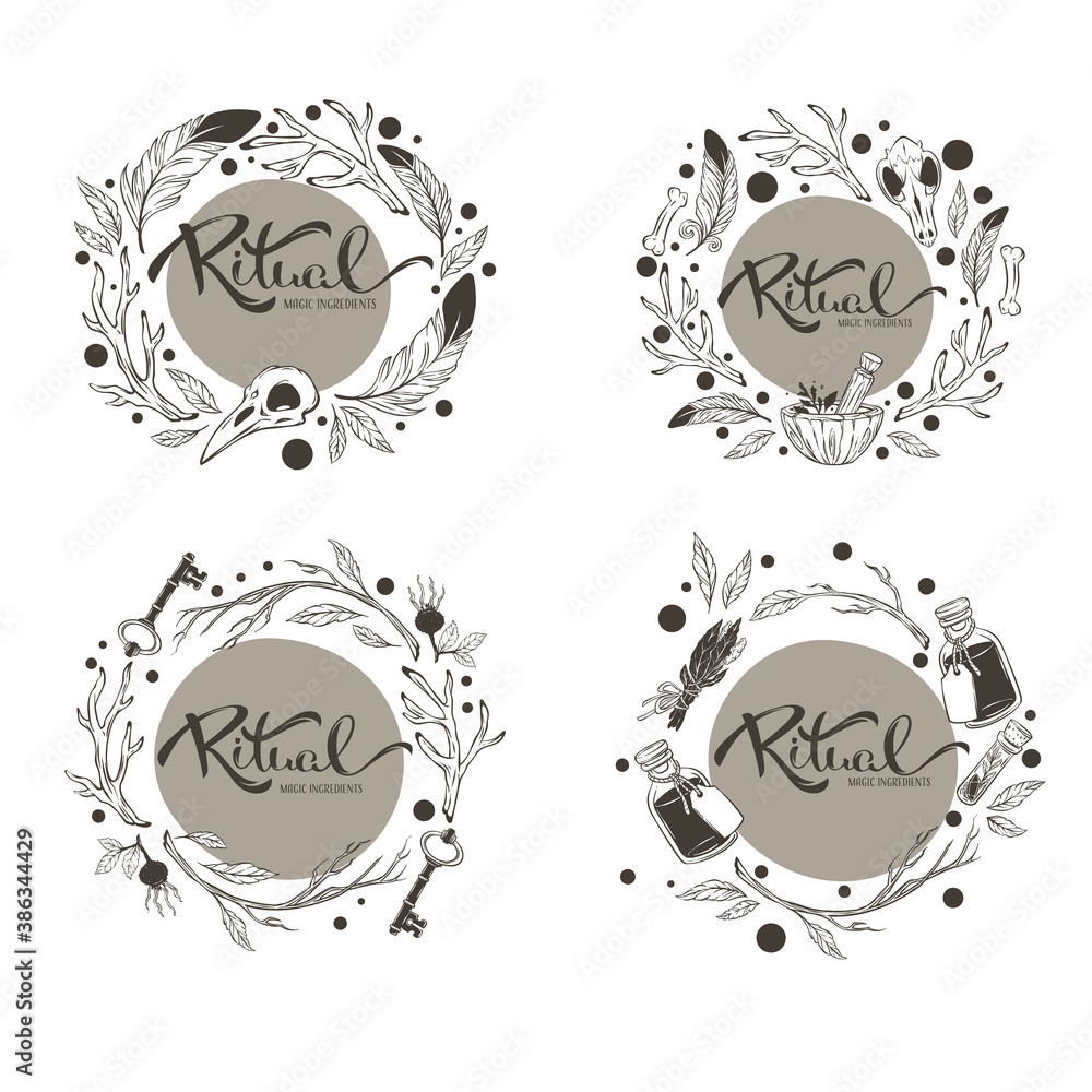 Ritual, Halloween Pagan vector collection of magic frames, labels, logo ...