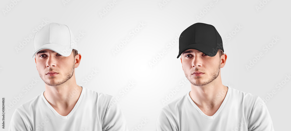 Mockup white and black cap on the head of the model, isolated on ...