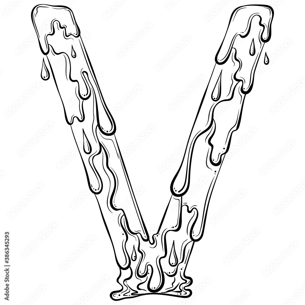 Letter V with flow drops and goo splash. Dripping liquid symbol. Vector ...