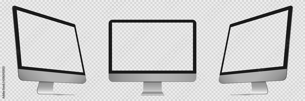 Desktop computer with transparent display. PC in front and side view ...