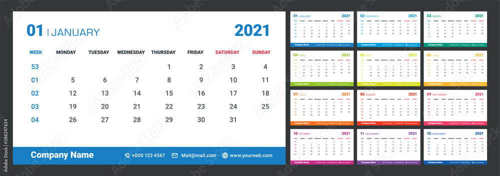 Colorful 2021 calendar with week numbers. Week Starts on Monday ...