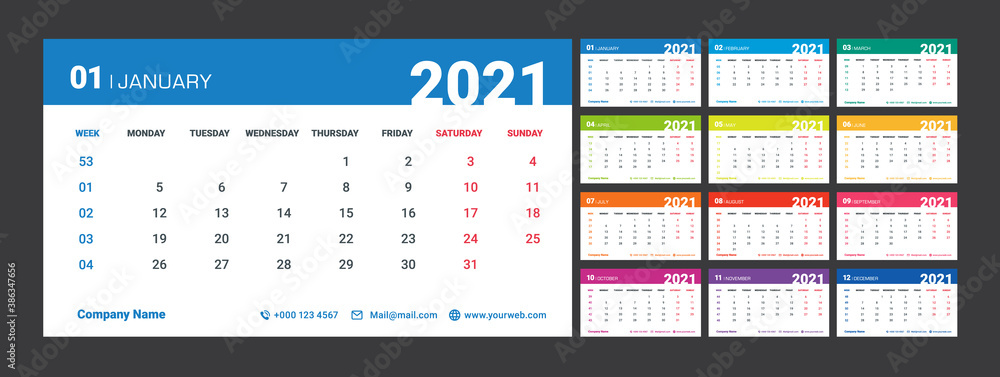 Colorful 2021 calendar with week numbers. Week Starts on Monday ...