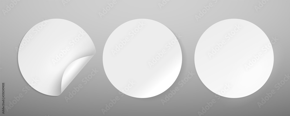 Round stickers mockup. Adhesive white blank circle labels with curved ...