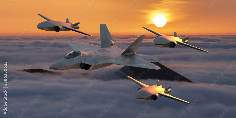 Lockheed Martin F-22 Raptor in a formation with combat drones from the ...
