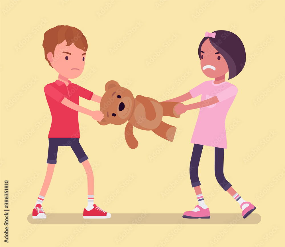 Conflict of interest, little boy and girl sharing toy bear. Brother and ...
