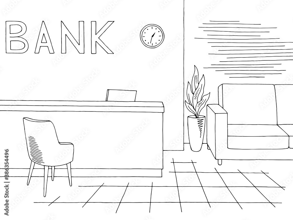 Bank interior graphic black white sketch illustration vector Stock ...