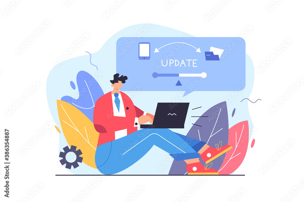 Guy updates program on laptop, big virtual screen popping out of laptop ...