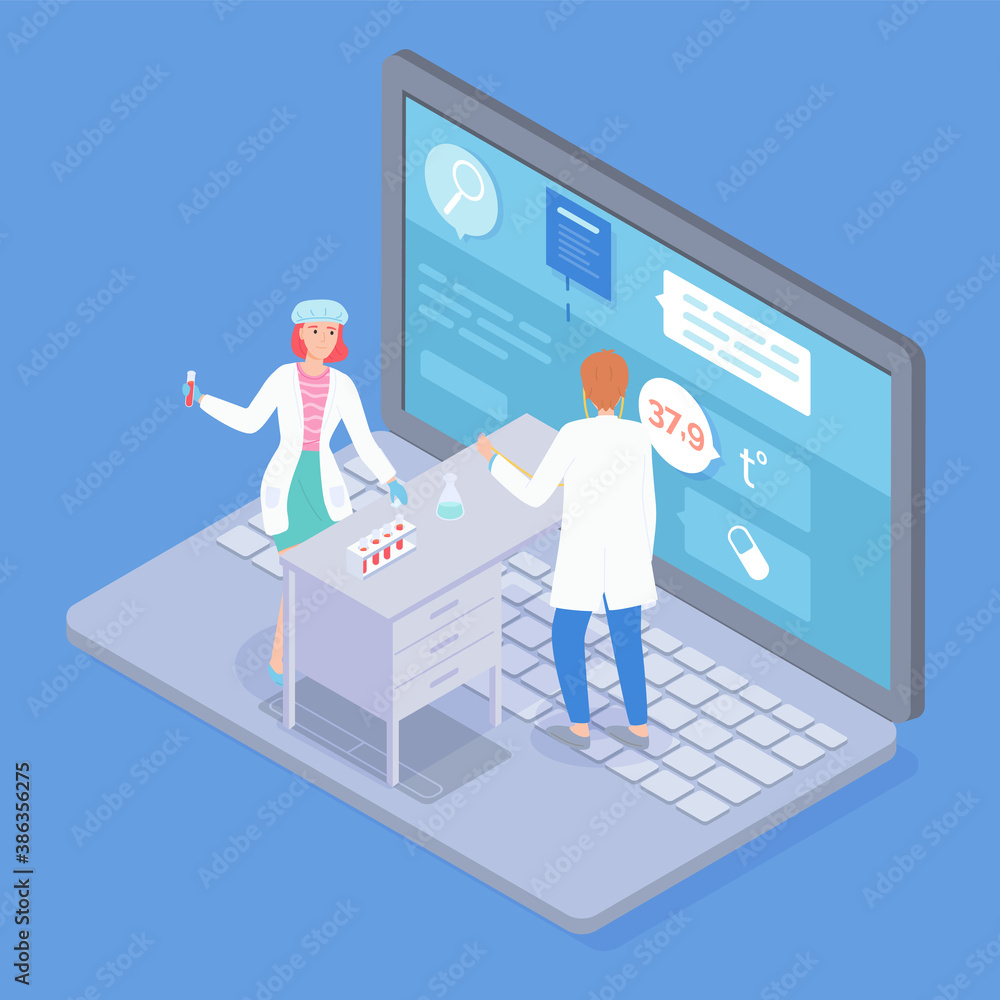 Lab technician and doctor standing on cartoon laptop, consulting ...