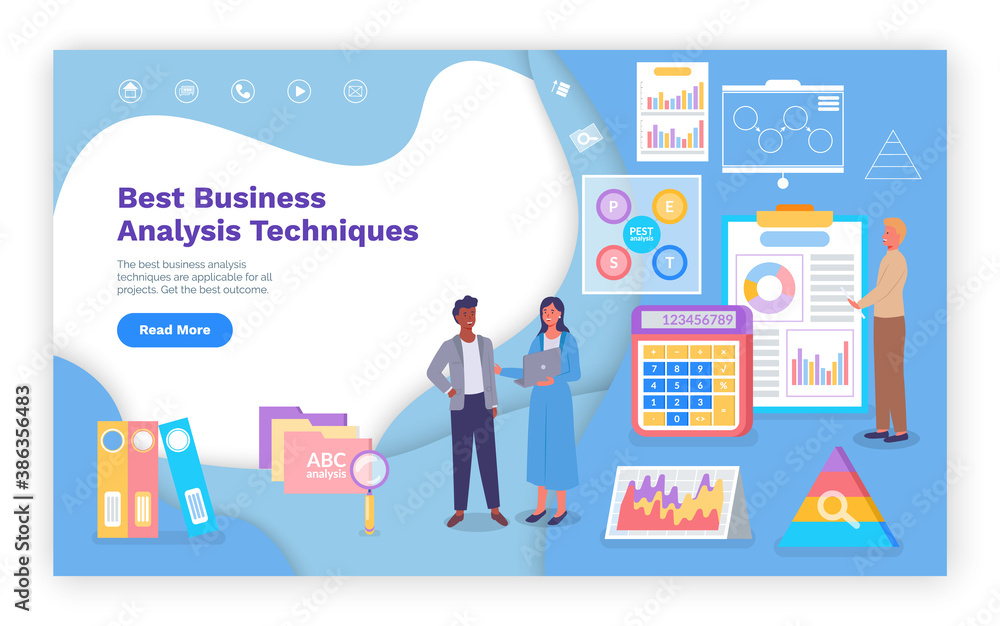 Landing page of best business analysis techniques. Images of calculator ...