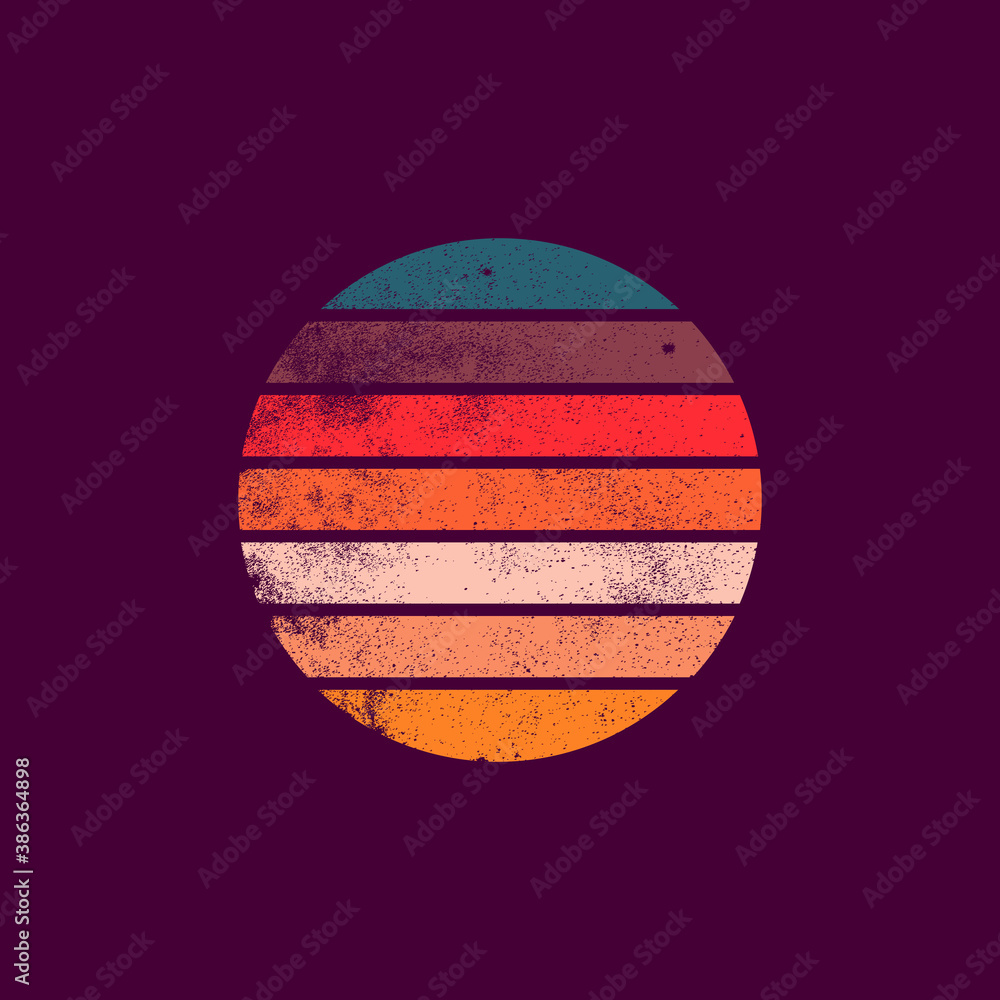 Retro sunset in 80-90s style with grunge texture. Graphic silhouette of ...