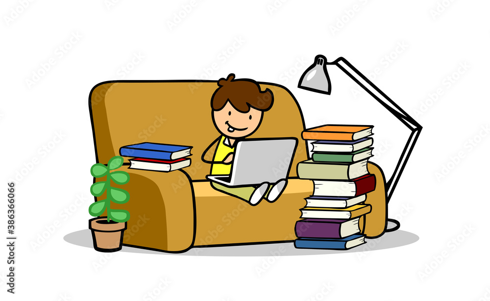 Kind mit Laptop Computer und einem Stapel Bücher auf Sofa Stock ...