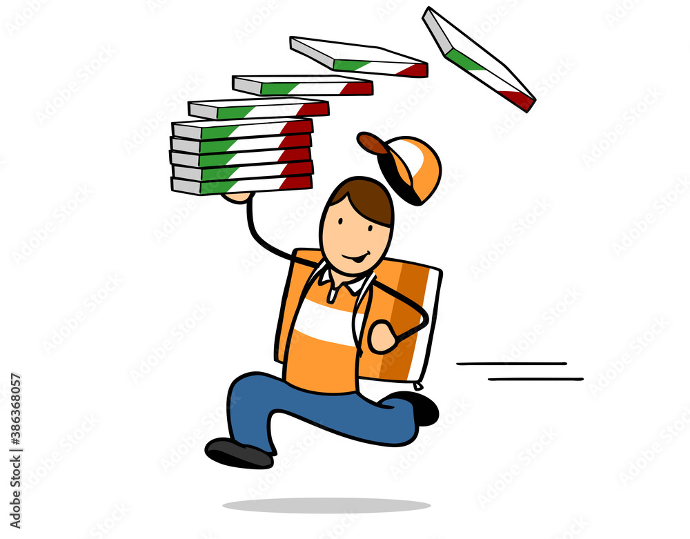 Pizza Lieferant bringt Pizzen vom Lieferdienst Stock Illustration | Adobe Stock