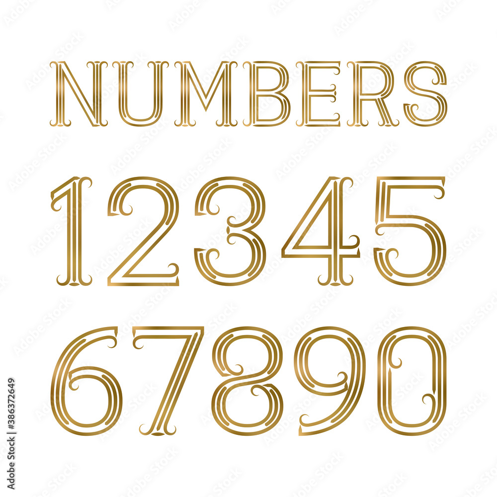 Gold numbers of lines with flourishes. Golden font in art deco style ...