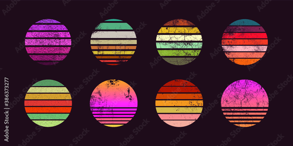 Retro sunsets collection in 80-90s style with grunge texture. Graphic ...