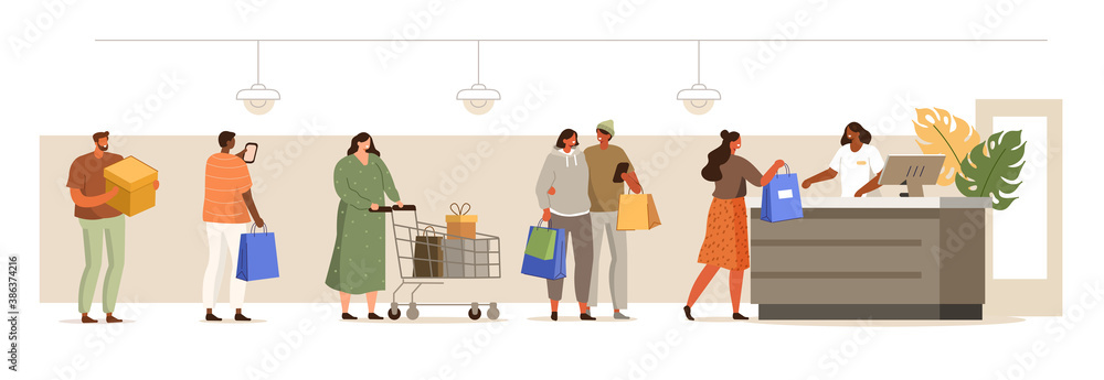 People Characters holding Shopping Bags waiting in Line in front of ...