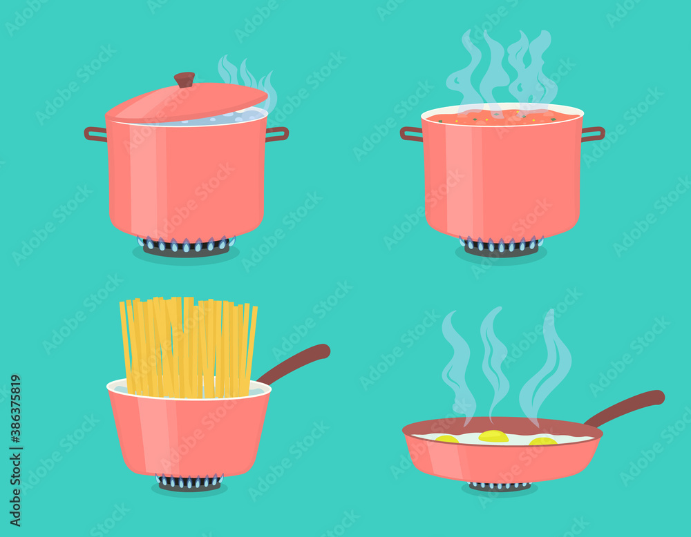 Vetor de Cooking pots and pan on gas stove. Boiled water in pots, pasta ...