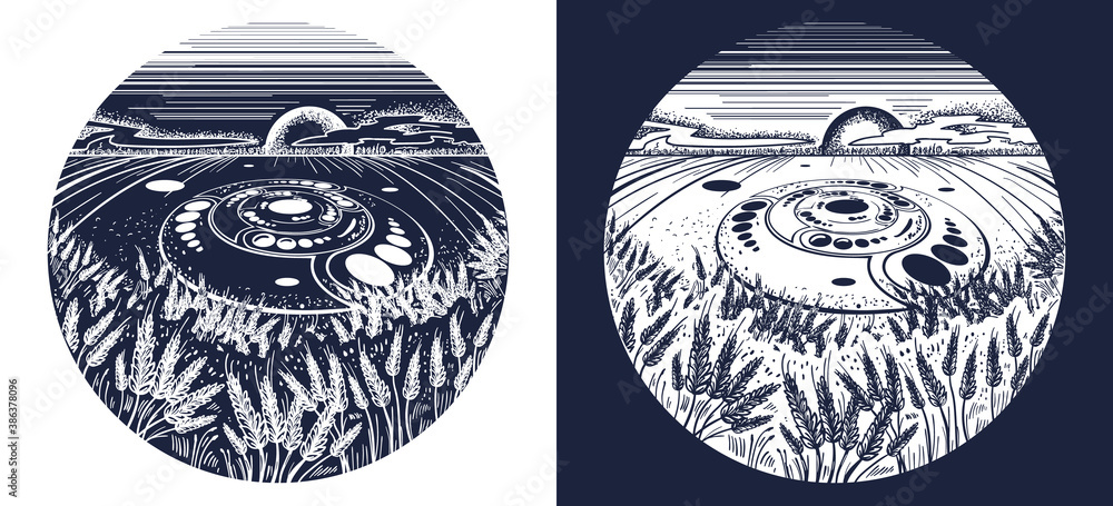 Circles on fields tattoo art. Mystical alien signs on meadows. Concept ...