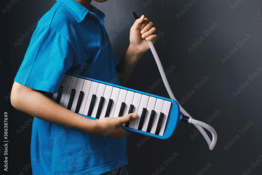 Boy holding blue melodeon musical instrument, melodica blow organ ...