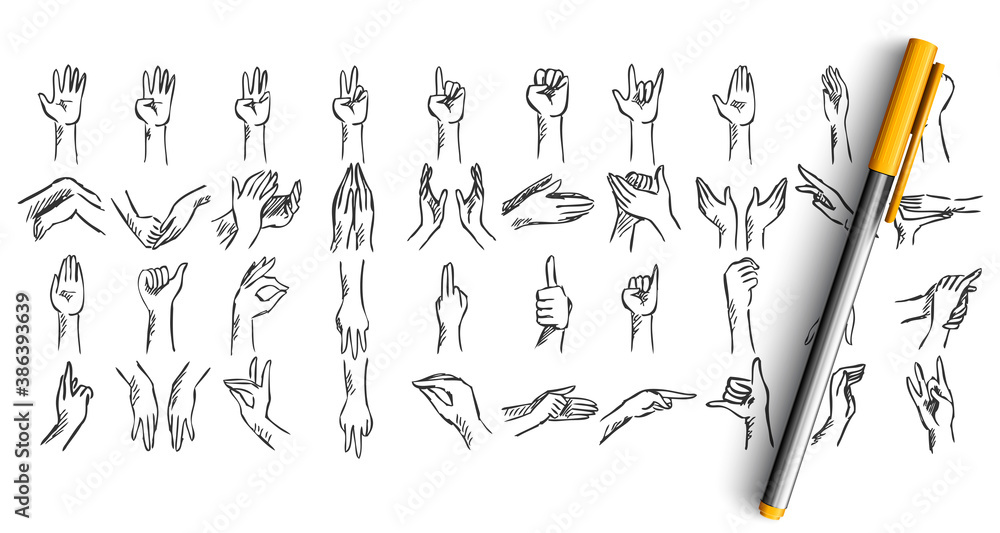 Hand gestures doodle set. Collection of hand drawn sketches templates ...