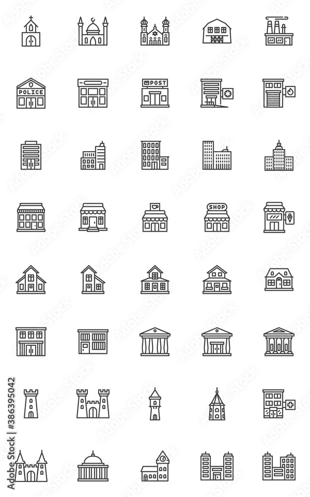 City buildings line icons set. Real estate building linear style ...