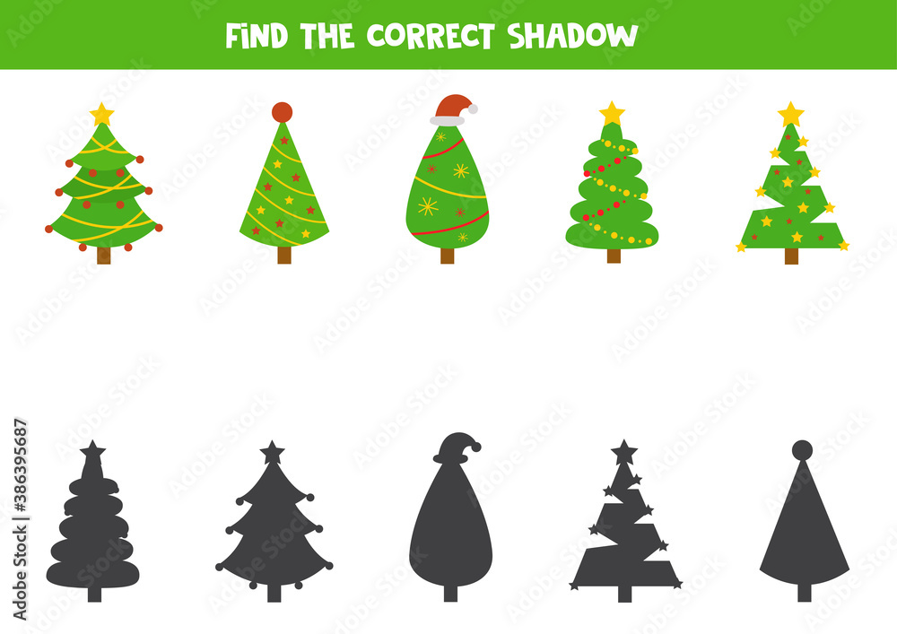 Shadow matching game for kids. Find shadows of Christmas trees. Logical ...