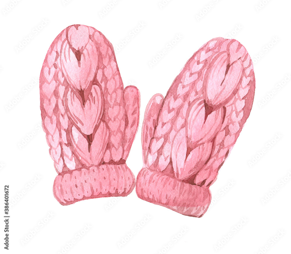 Watercolor pair of pink knitted mittens isolated on white background ...